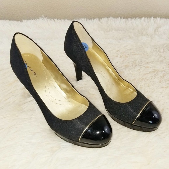 Tahari | Shoes | Tahari Cap Toed Black Laurie Pumps With Gold Trim ...